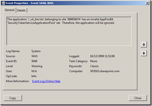 Application Pool mis-configuration in SharePoint 2010
